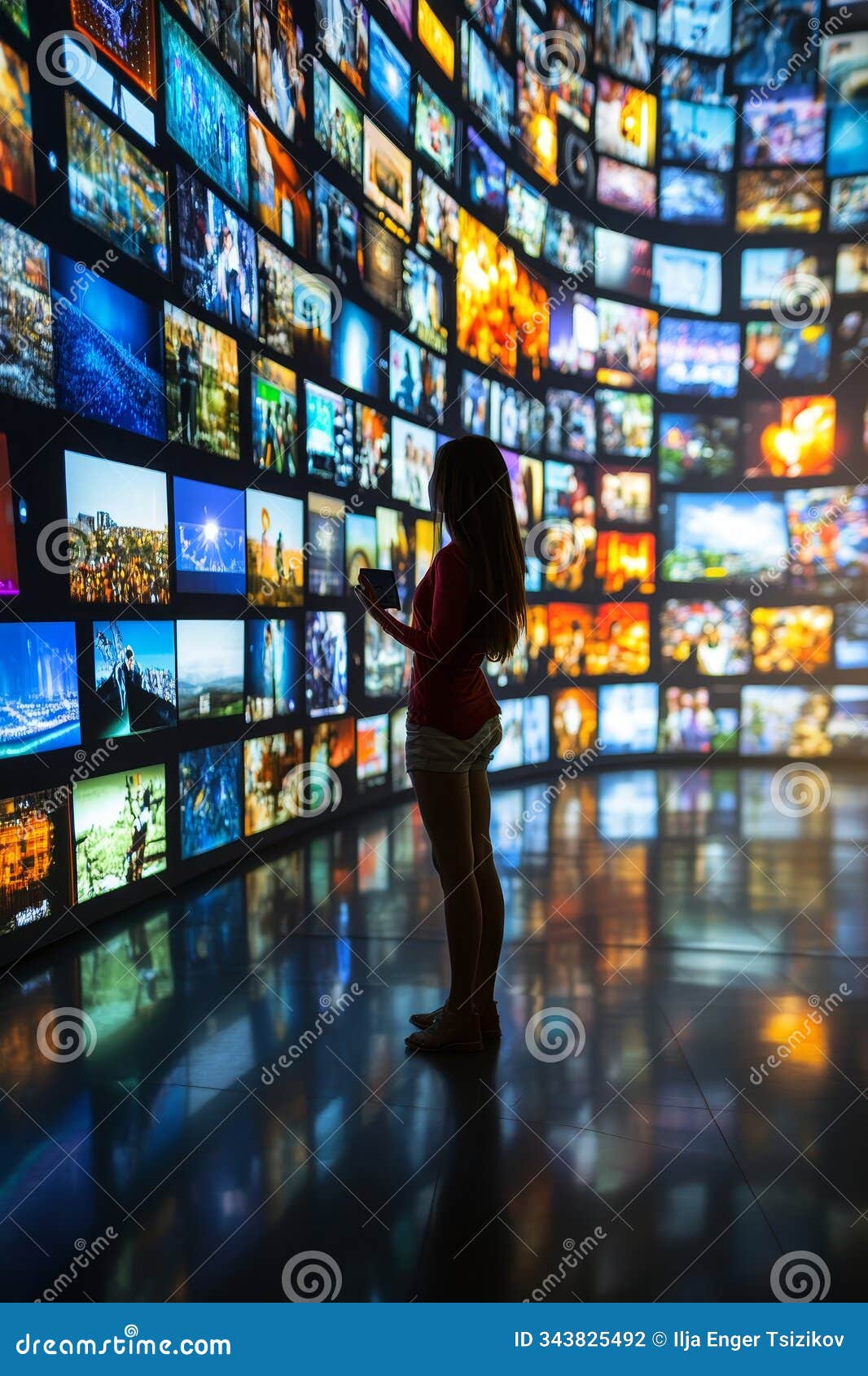 Media Wall Immersion Person Analyzing Diverse Visual Content on a Multi ...
