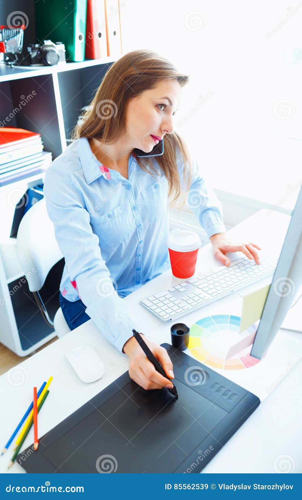 Media Worker Doing Several Things at Once at the Home Office Stock ...