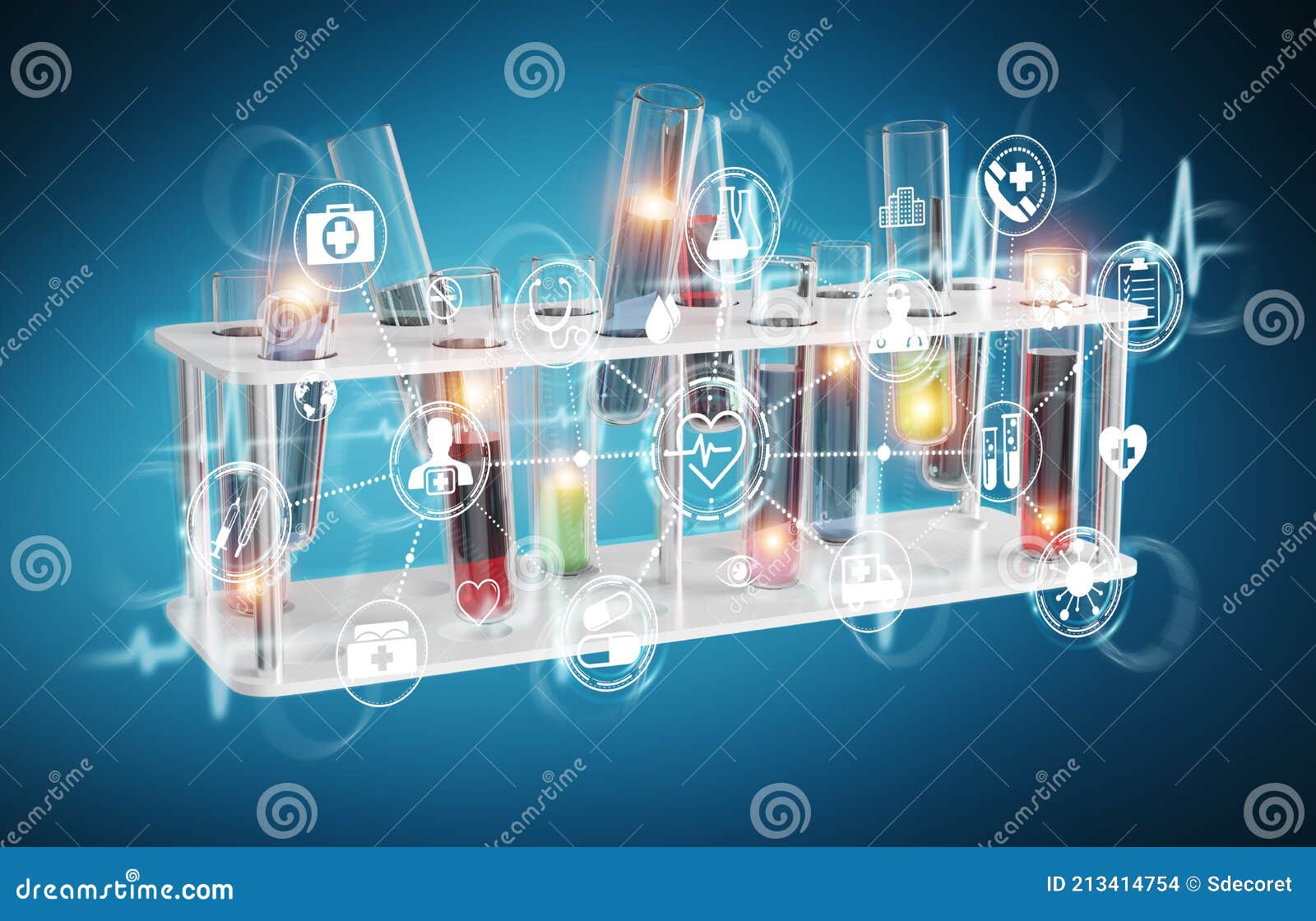 Medical Analysis in Tubes Samples on Blue Background 3D Rendering Stock ...