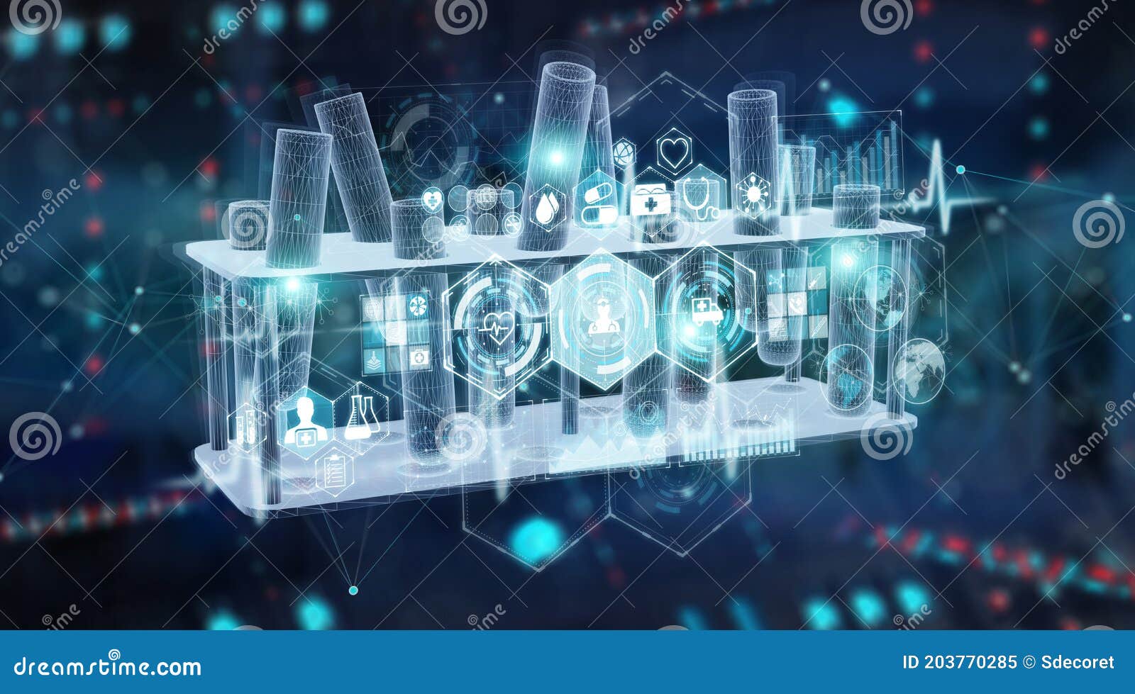 Medical Analysis Tubes Samples Holographic Projection on Blue ...