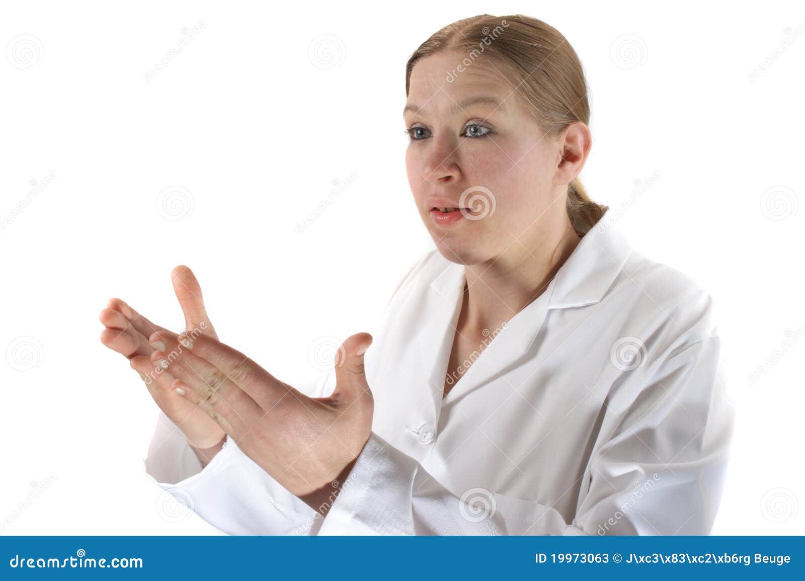 Medical Assistant Gesturing with Both Hands Stock Image - Image of ...