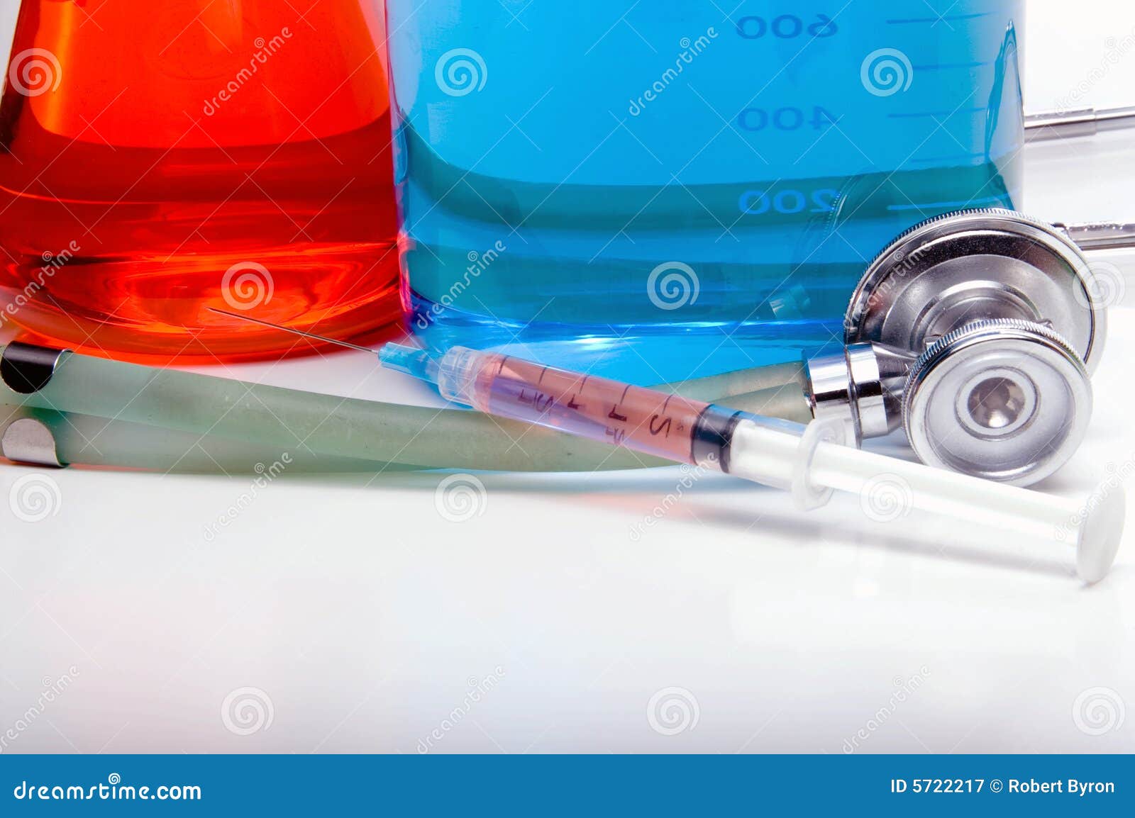 Medical Beakers Syringe and Stethoscope Stock Image - Image of chemical ...