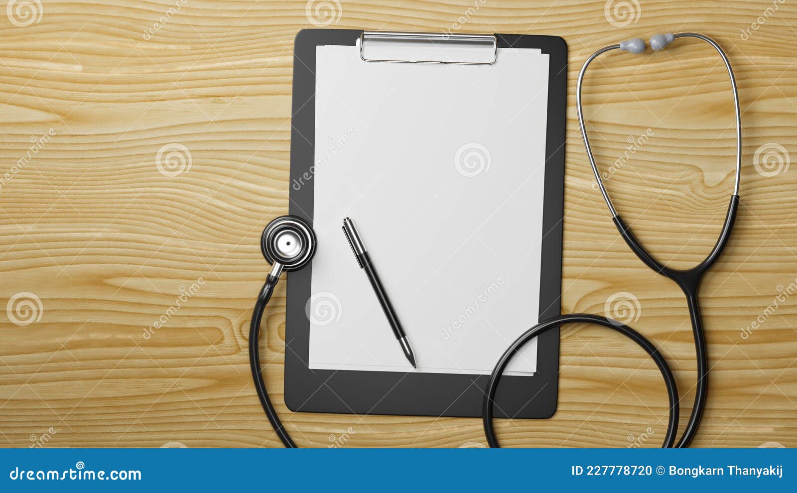 Medical Clipboard With Blank Sheet And Stethoscope On Wooden Table