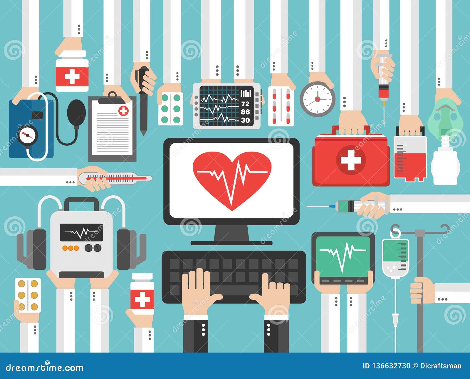 Medical Computer with Heart Flat Design Stock Vector - Illustration of ...