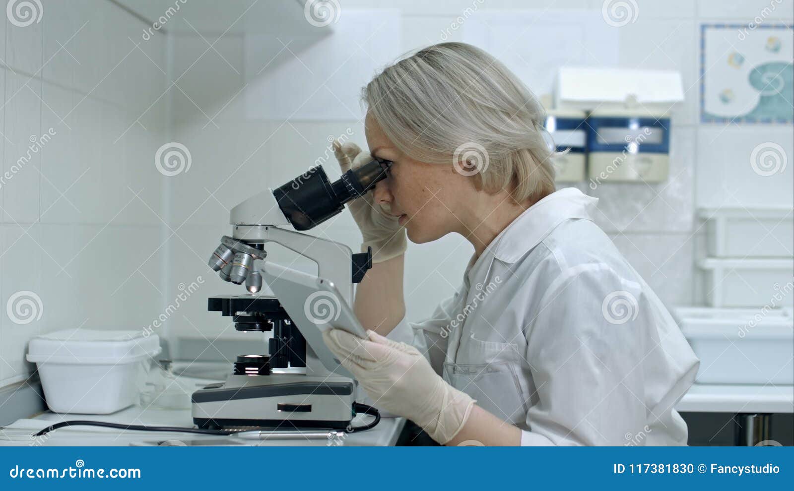 Medical Doctor Using Microscope with Tablet Pc at the Laboratory Stock ...