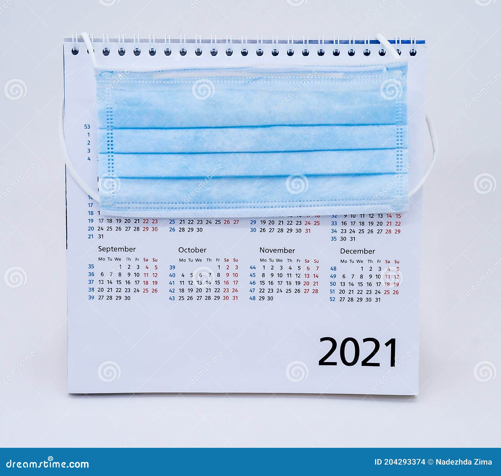 Medical Face Mask and Calendar for 2021, Blue Disposable Mask on the ...