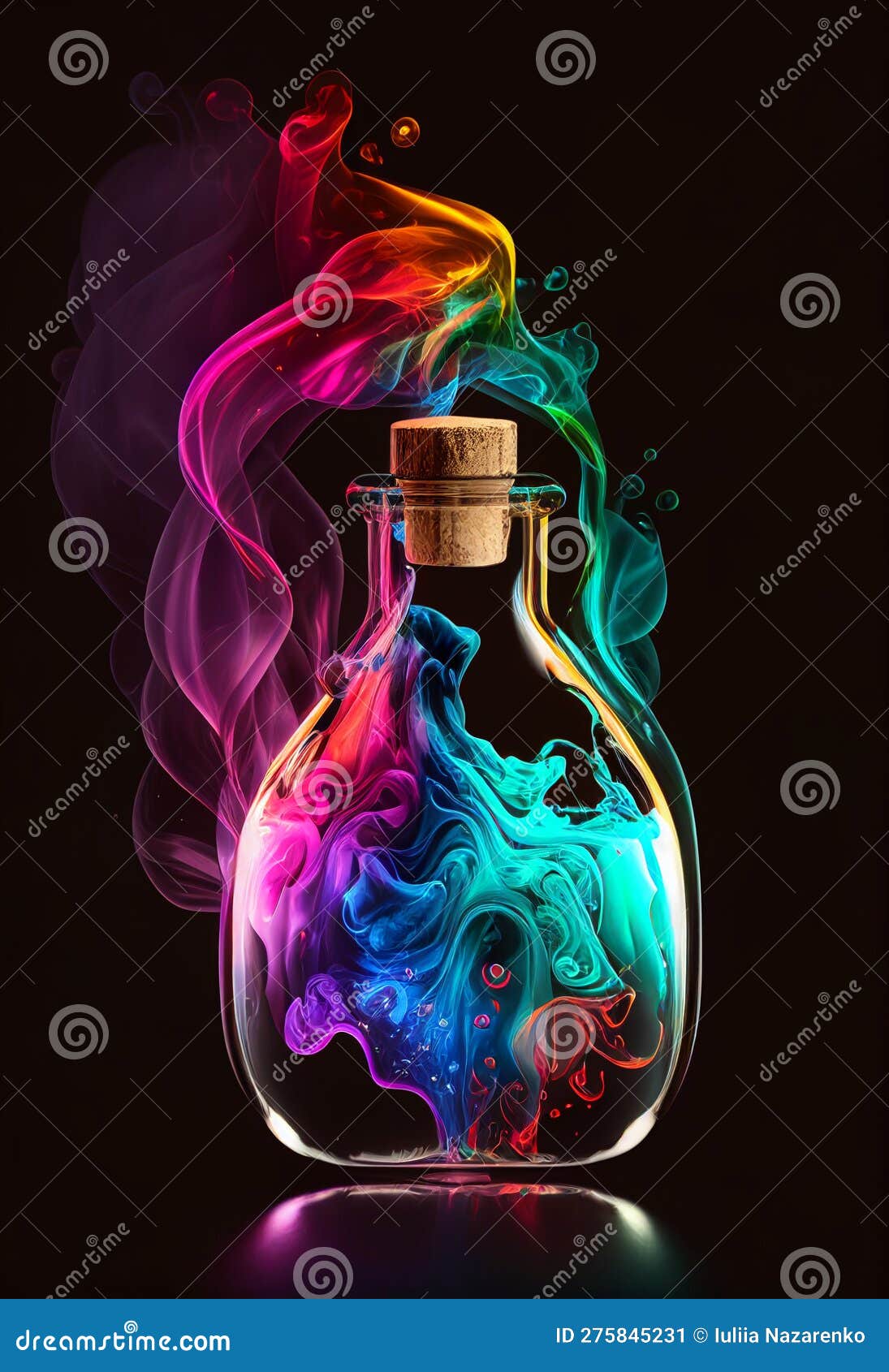 Medical Flask with Glowing Multi-colored Liquid on a Black Background ...