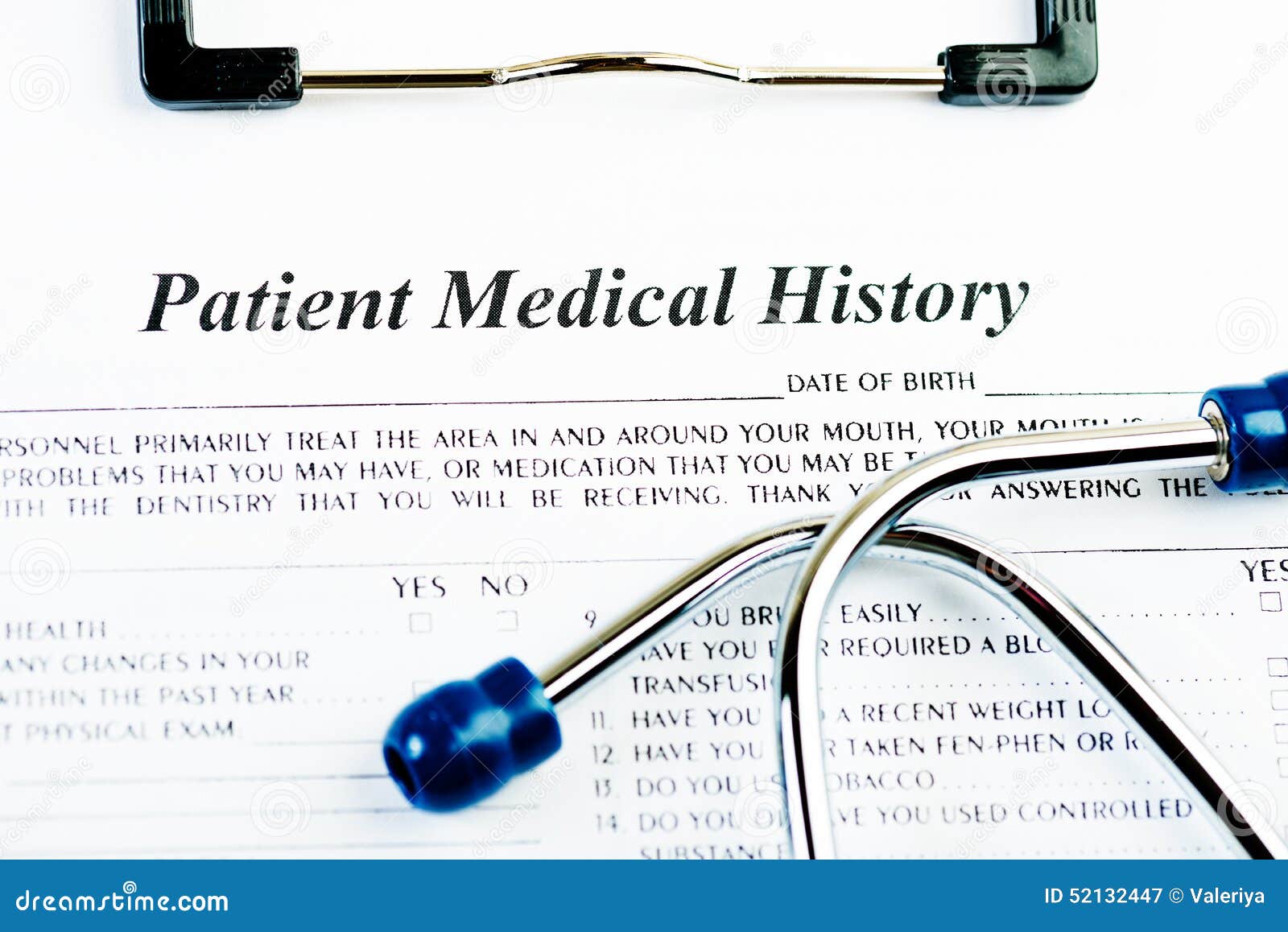 Medical History Document with Medicine and Stethoscope Stock Image ...