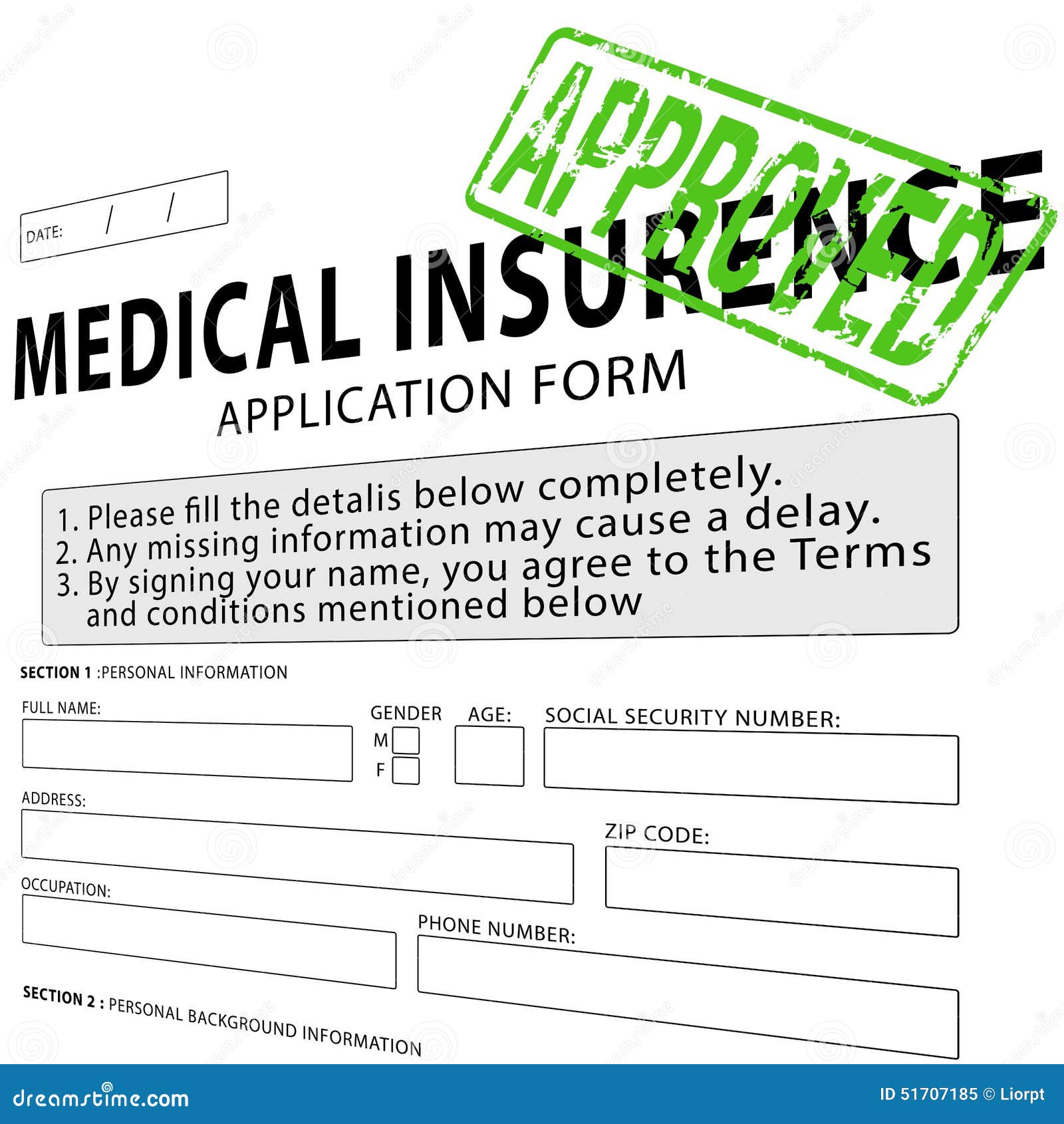 Medical Insurance Application Form with Green Approved Stamp Stock ...