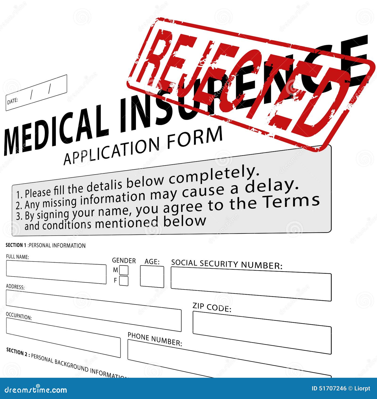 Medical Insurance Application Form with Red Rejected Stamp Stock ...