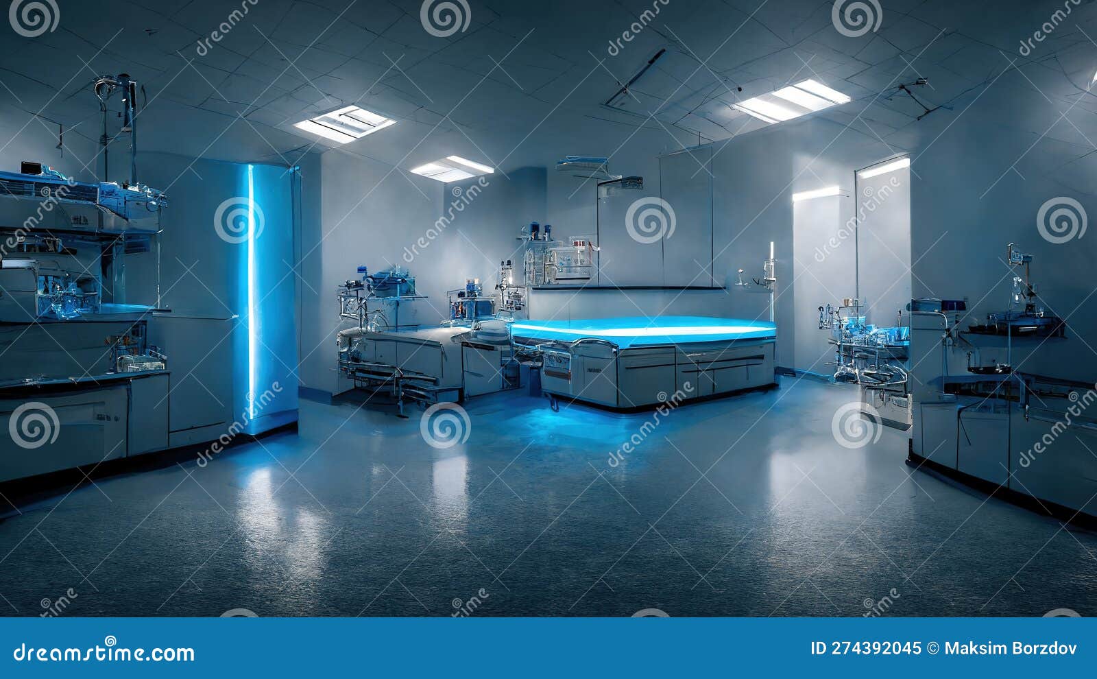 Abstract Scientific Medical Interior Blurred Background. Blue Light ...