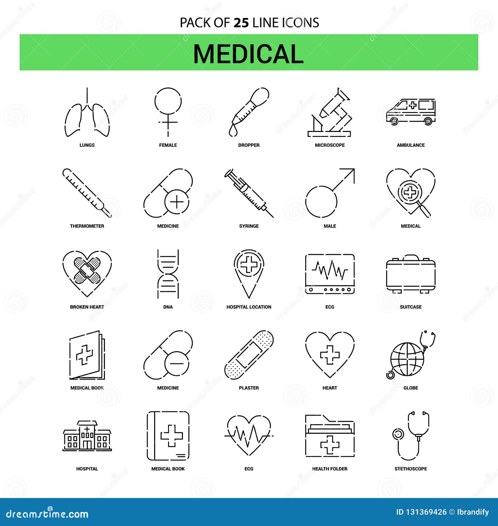 Medical Line Icon Set - 25 Dashed Outline Style Stock Vector ...