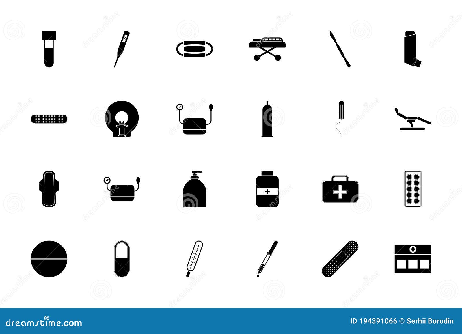 Medical Objects Black Color Set Solid Style Flat Vector Image Stock ...