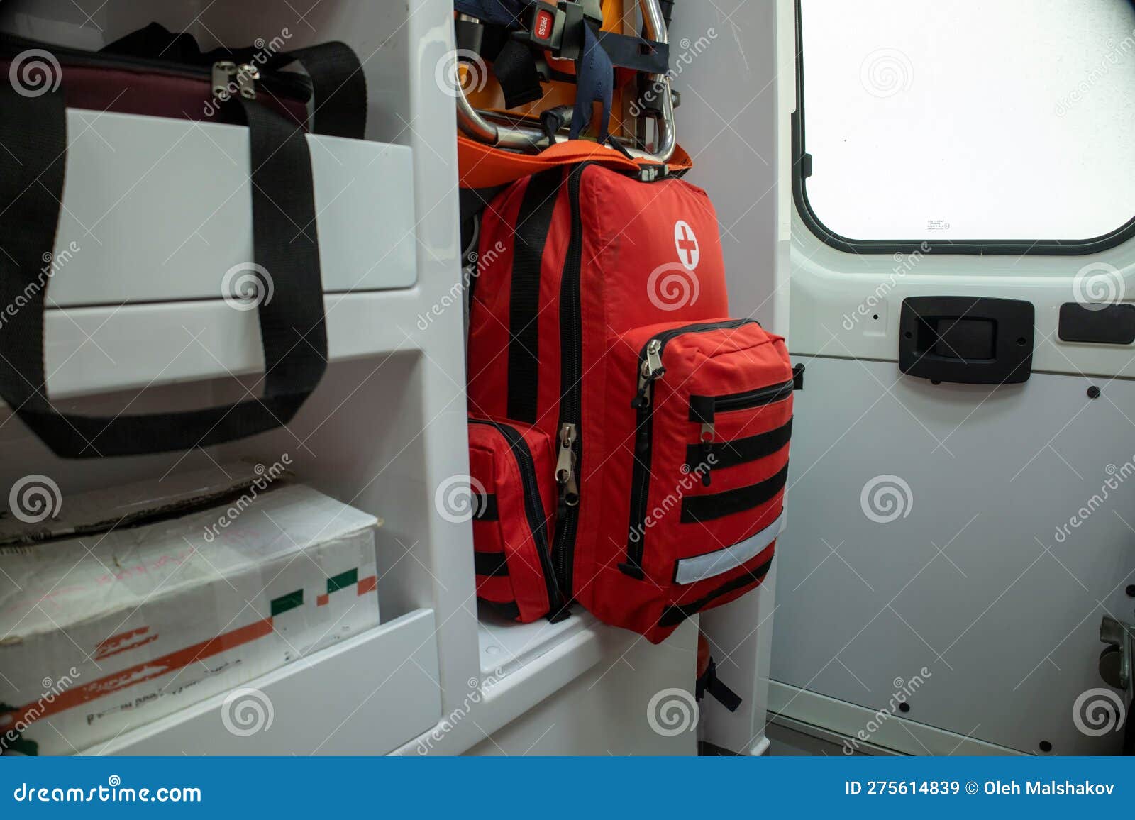 Medical Red Backpack in an Ambulance Editorial Stock Image - Image of ...