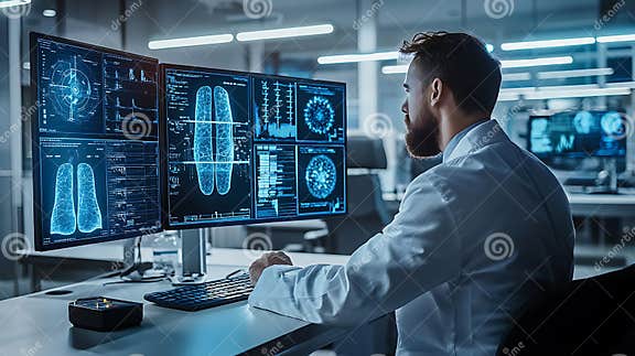 Medical Researcher Analyzing Data on Multiple Monitors in a Modern ...