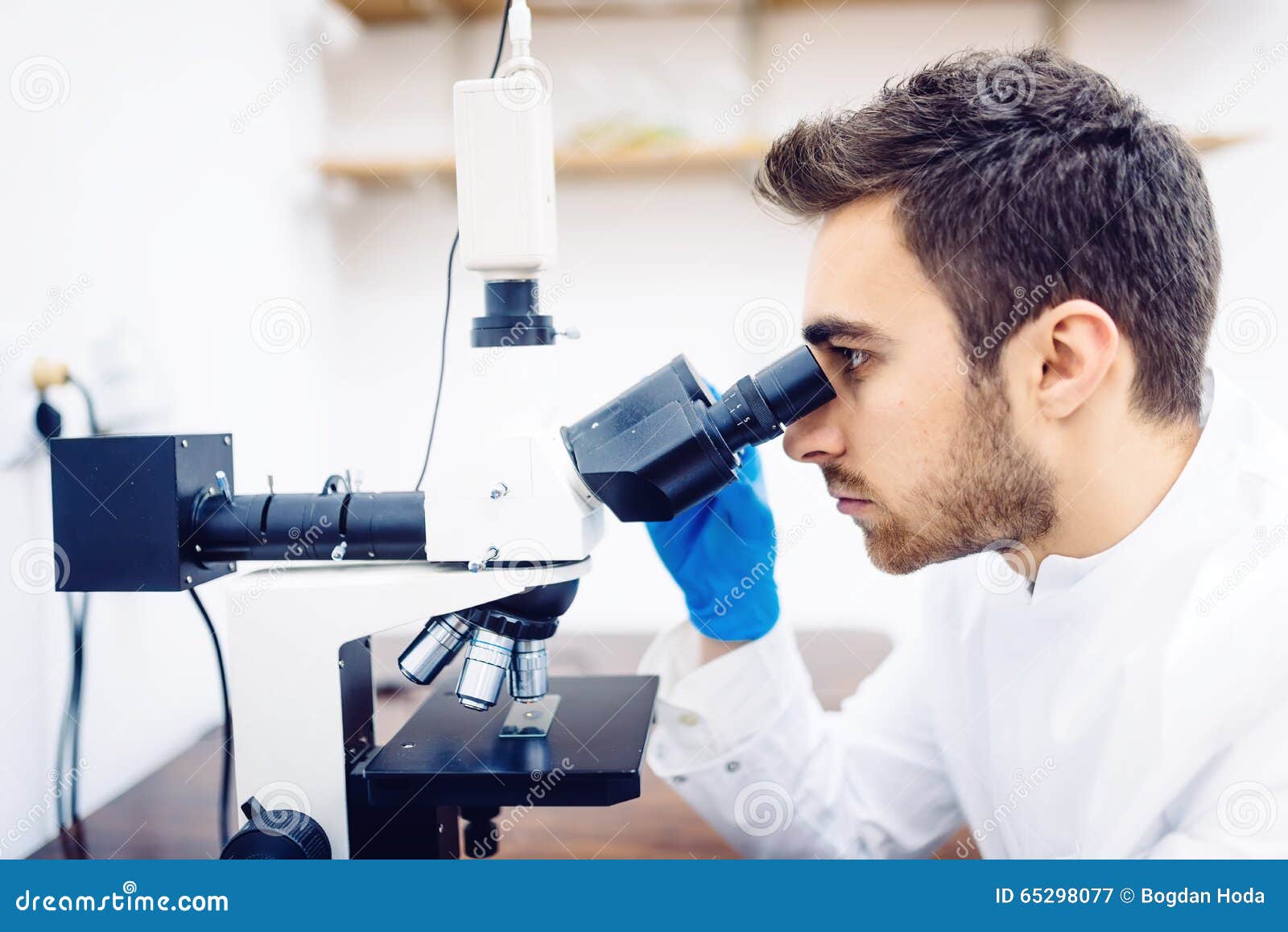 Medical Scientist with Microscope, Examining Samples and Liquid in ...
