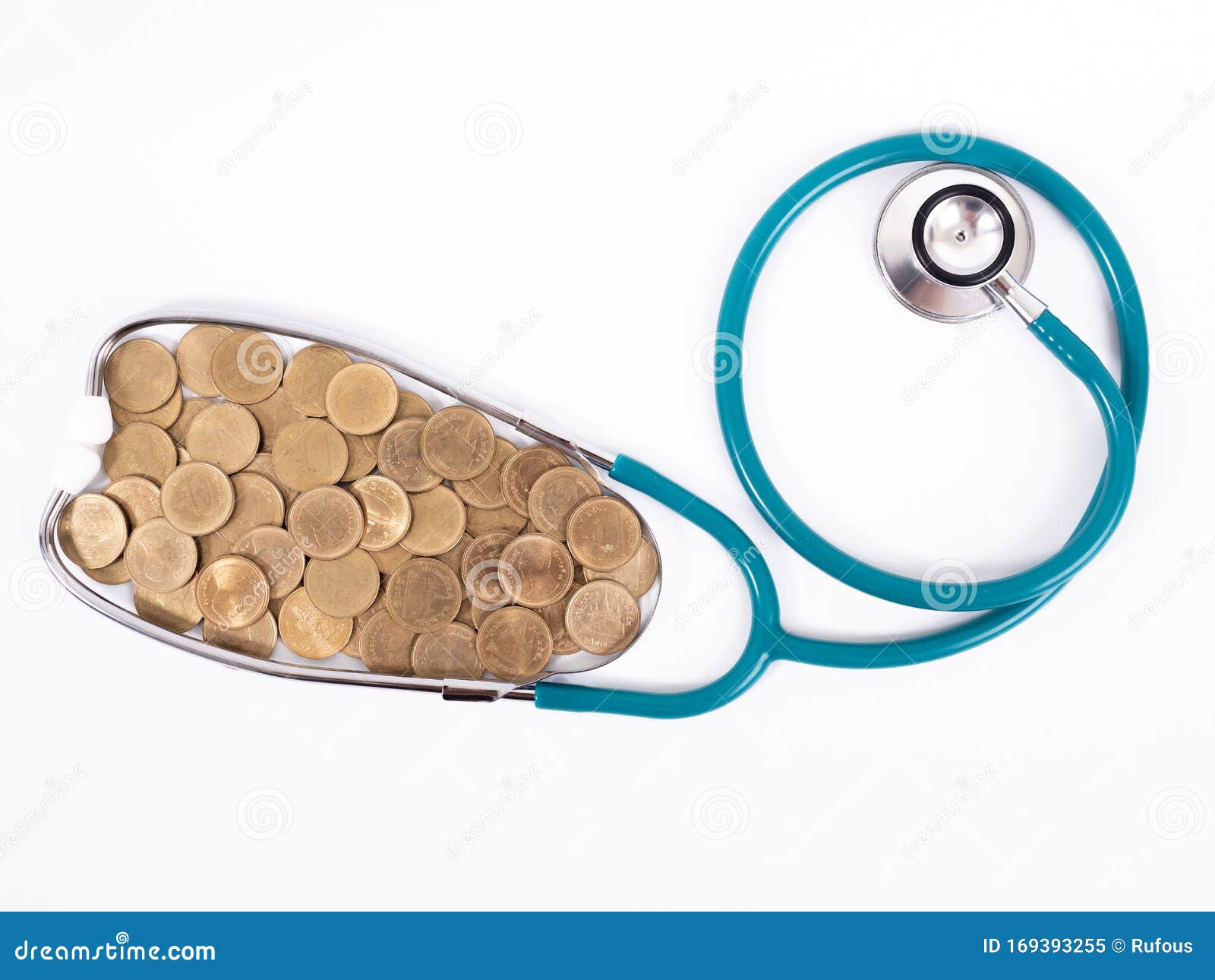 Medical Stethoscope and Coins Stack Isolated on White Background ...