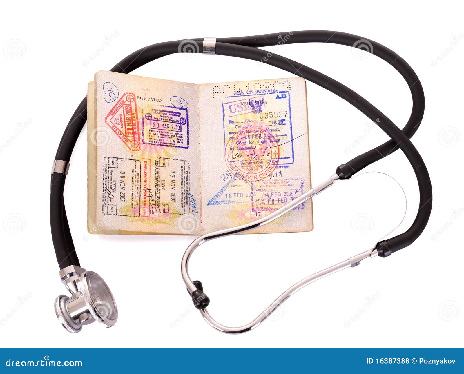 Medical Still Life with Stethoscope and Passport. Stock Photo - Image ...