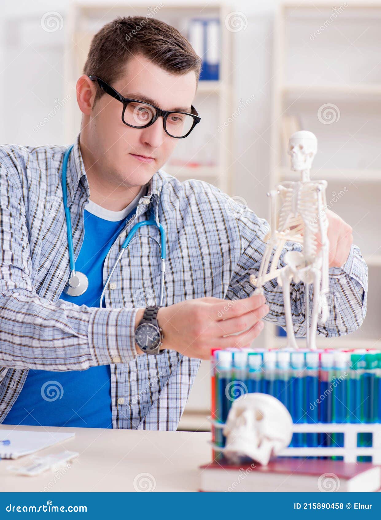 Medical Student Studying Skeleton in Classroom during Lecture Stock ...