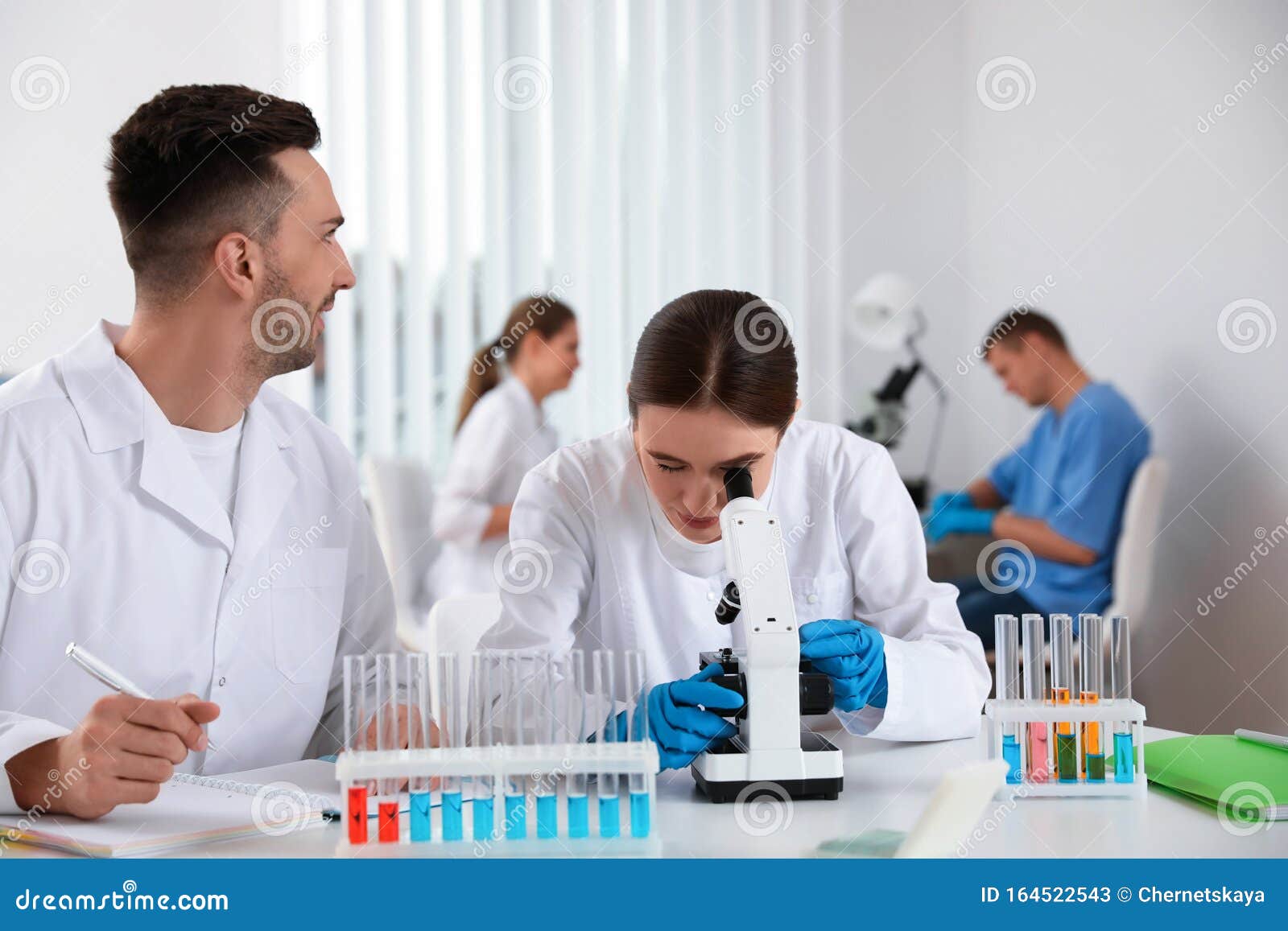 Medical Students with Microscope in Laboratory Stock Image - Image of ...