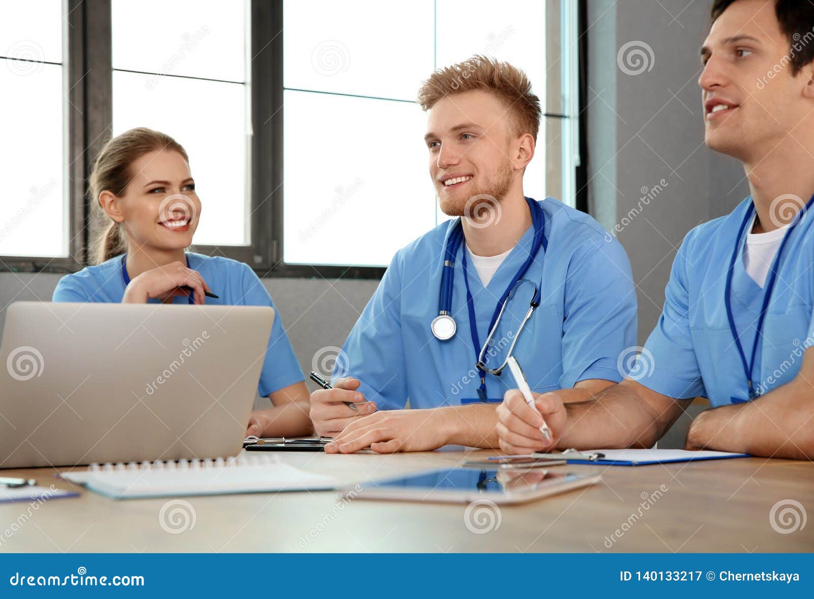 Medical Students in Uniforms Studying Stock Image - Image of school ...