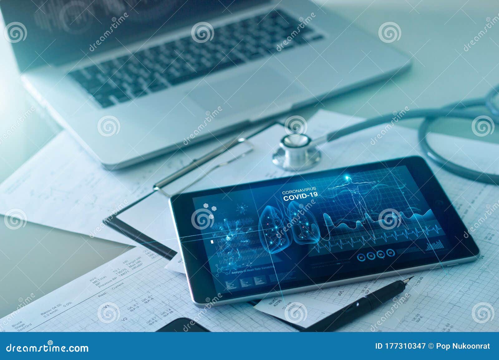 Medical Tablet and Laptop Computer with Patient Covid-19 Info and ...