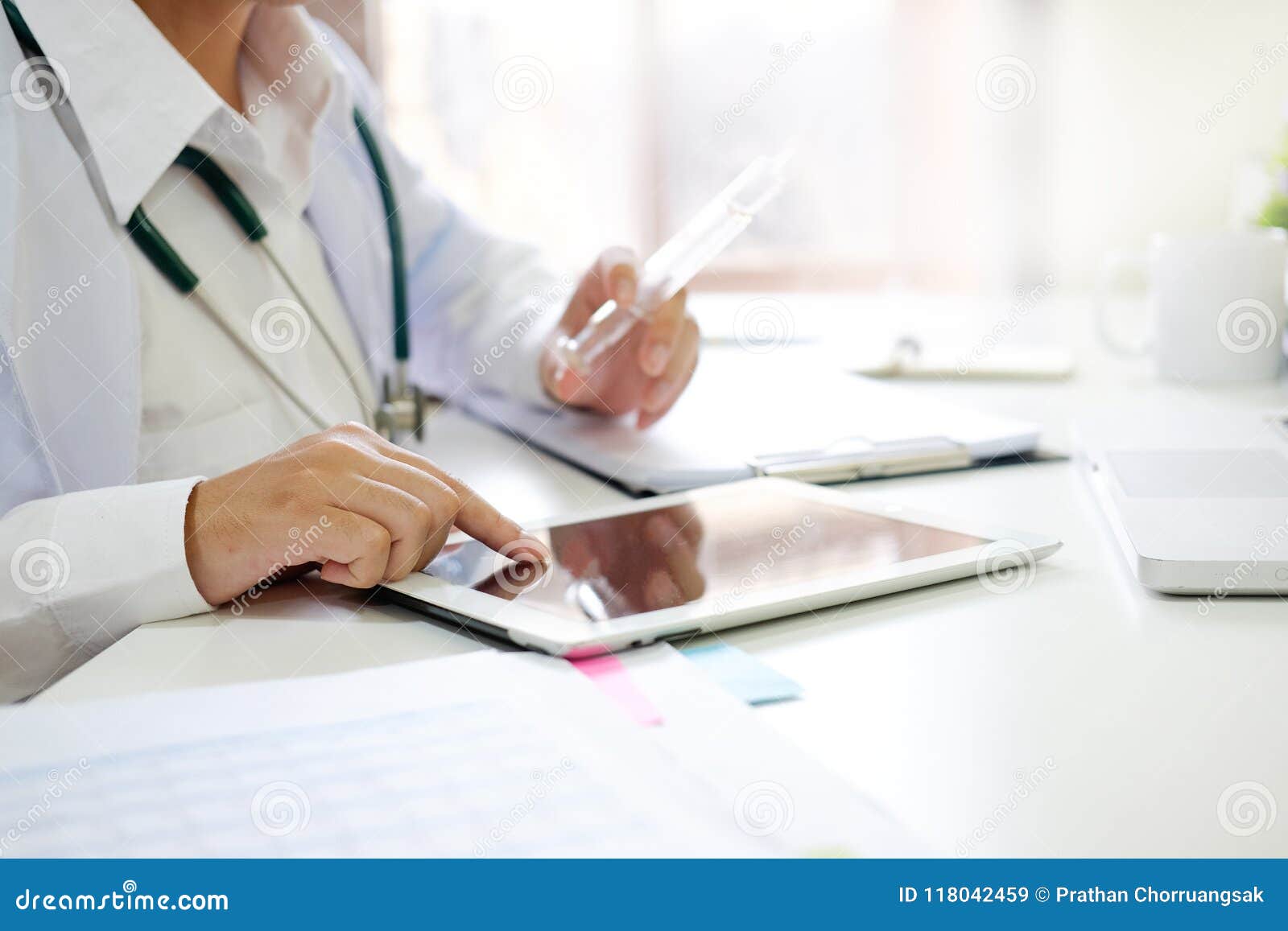 Medical Technology , Close Up Doctor Reading a Report in Tablet. Stock ...