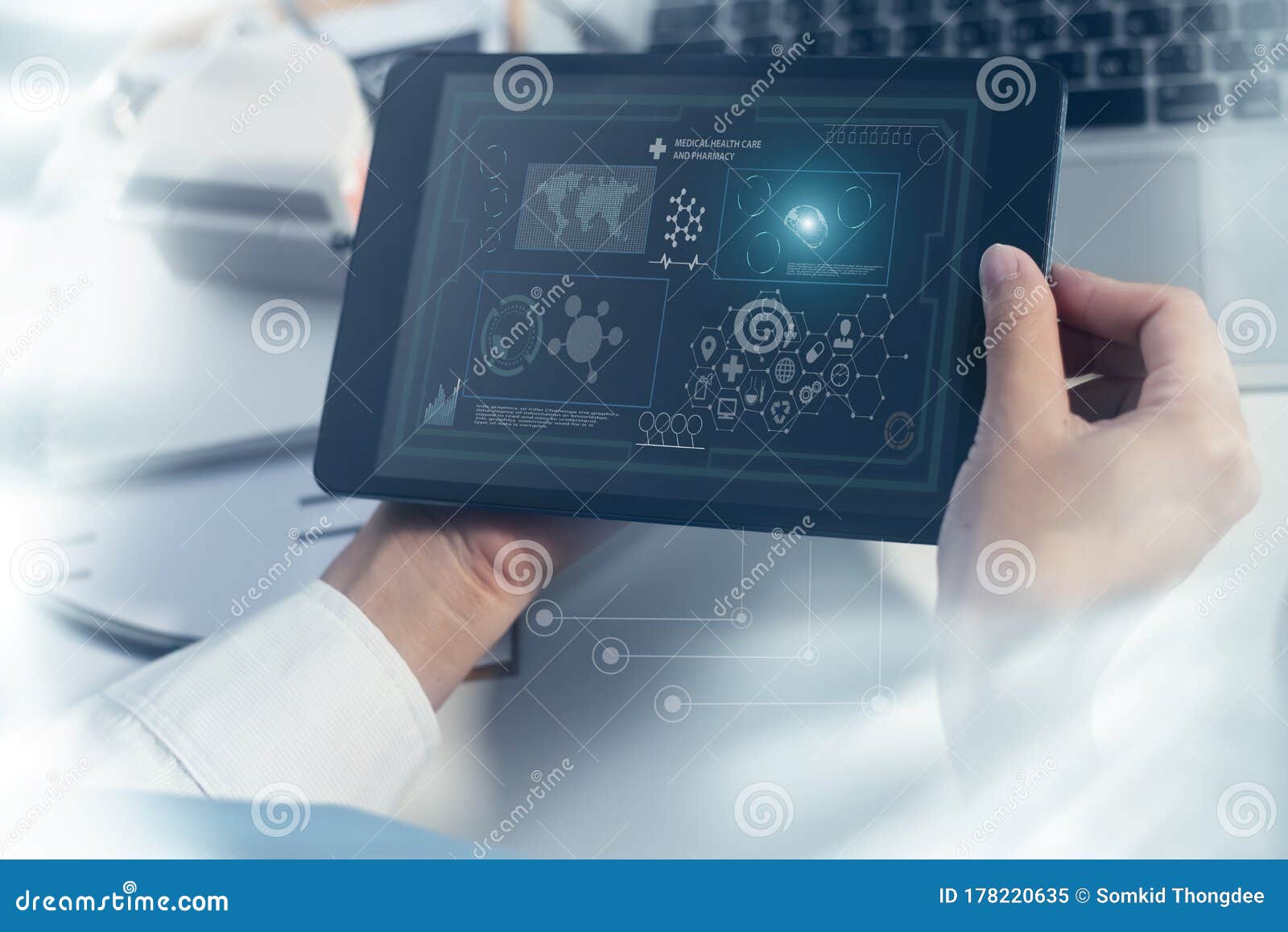 Medical Technology Concept. Doctor Working on Modern Digital Tablet and ...