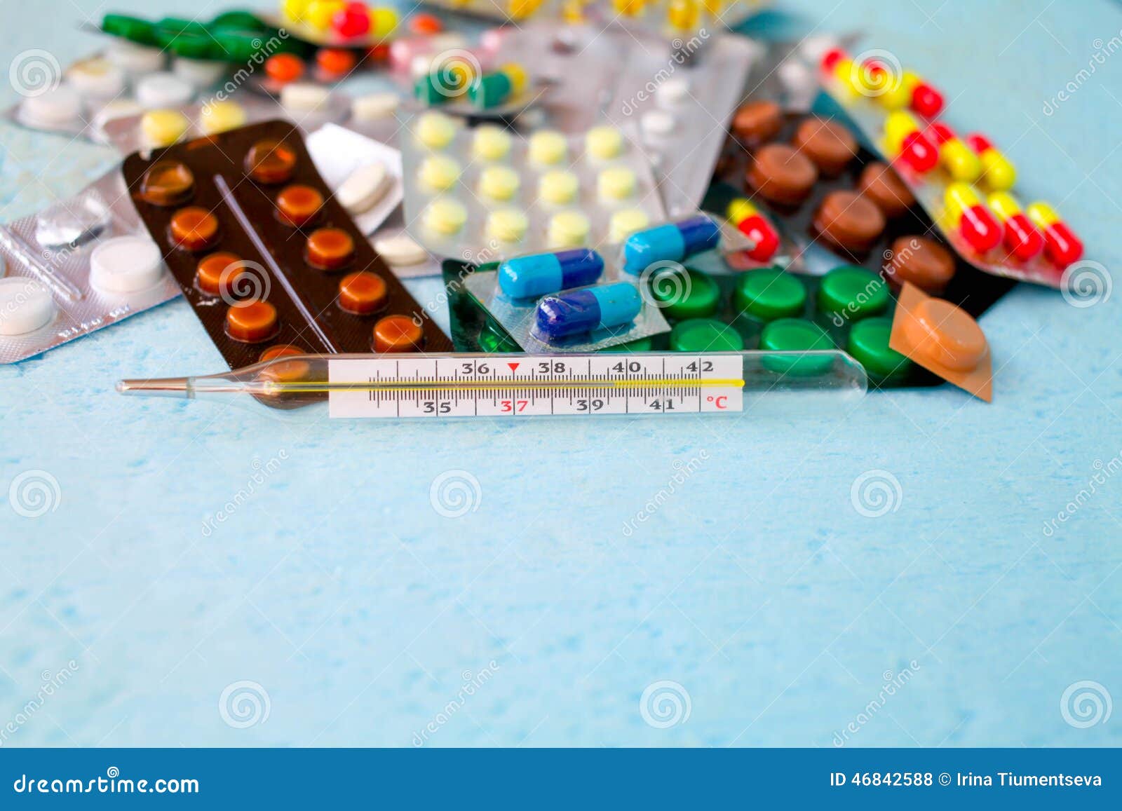 Medical Thermometer and Medicines in Tablets Stock Photo - Image of ...