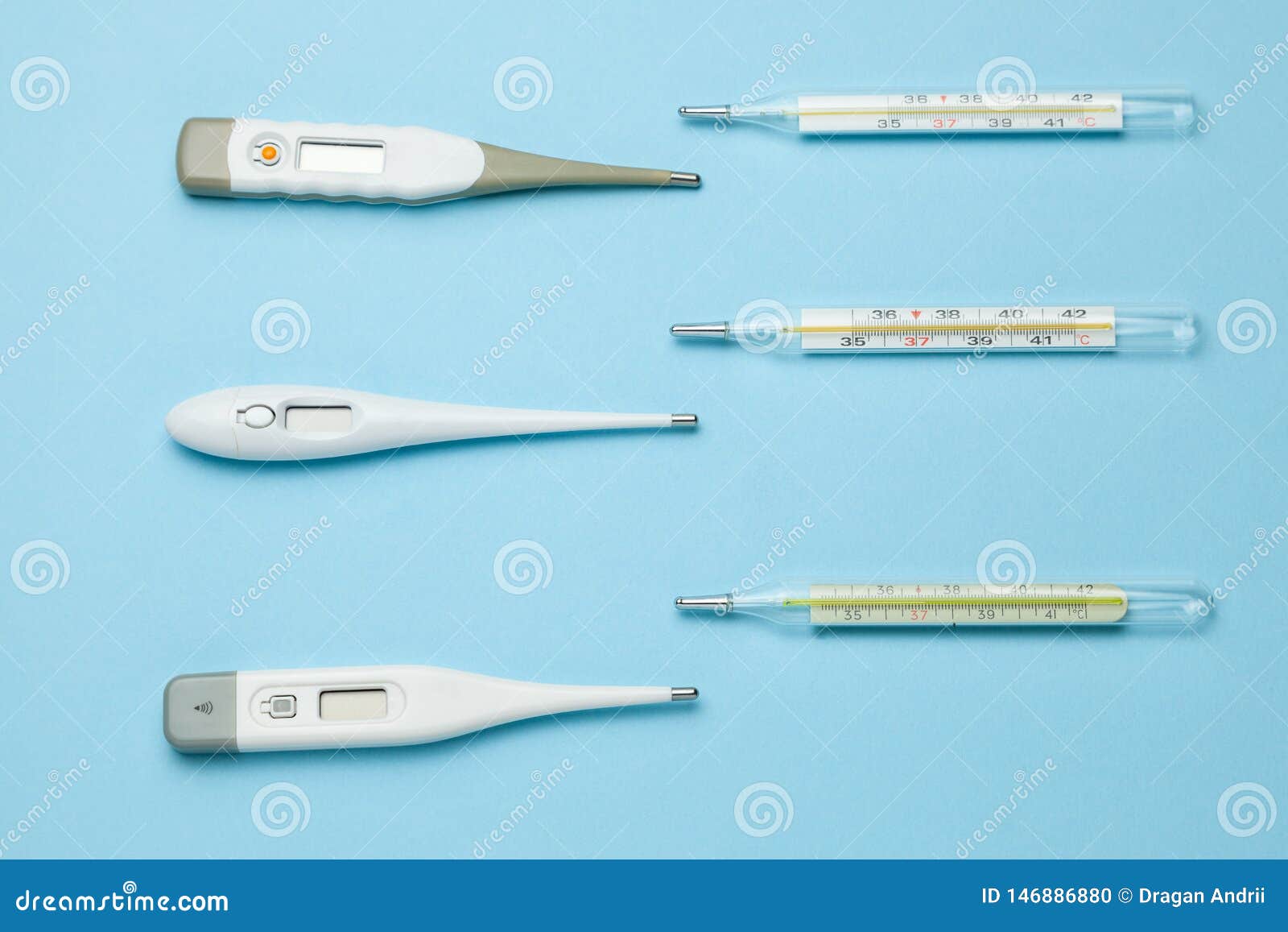 Medical Thermometers Glass and Electronic on Blue Background Stock ...