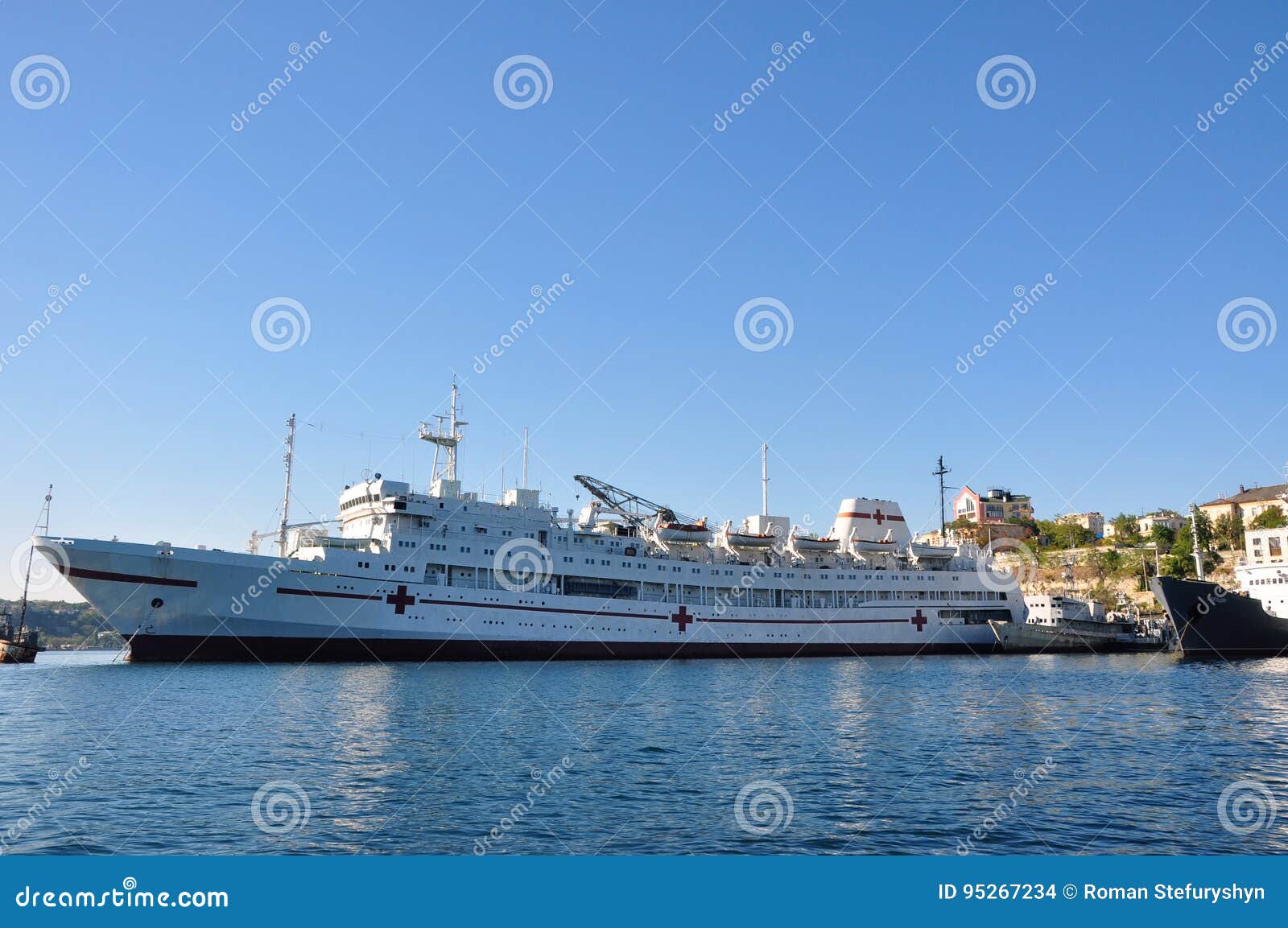 Medical White Ship with a Red Cross in Port Stock Photo - Image of ...