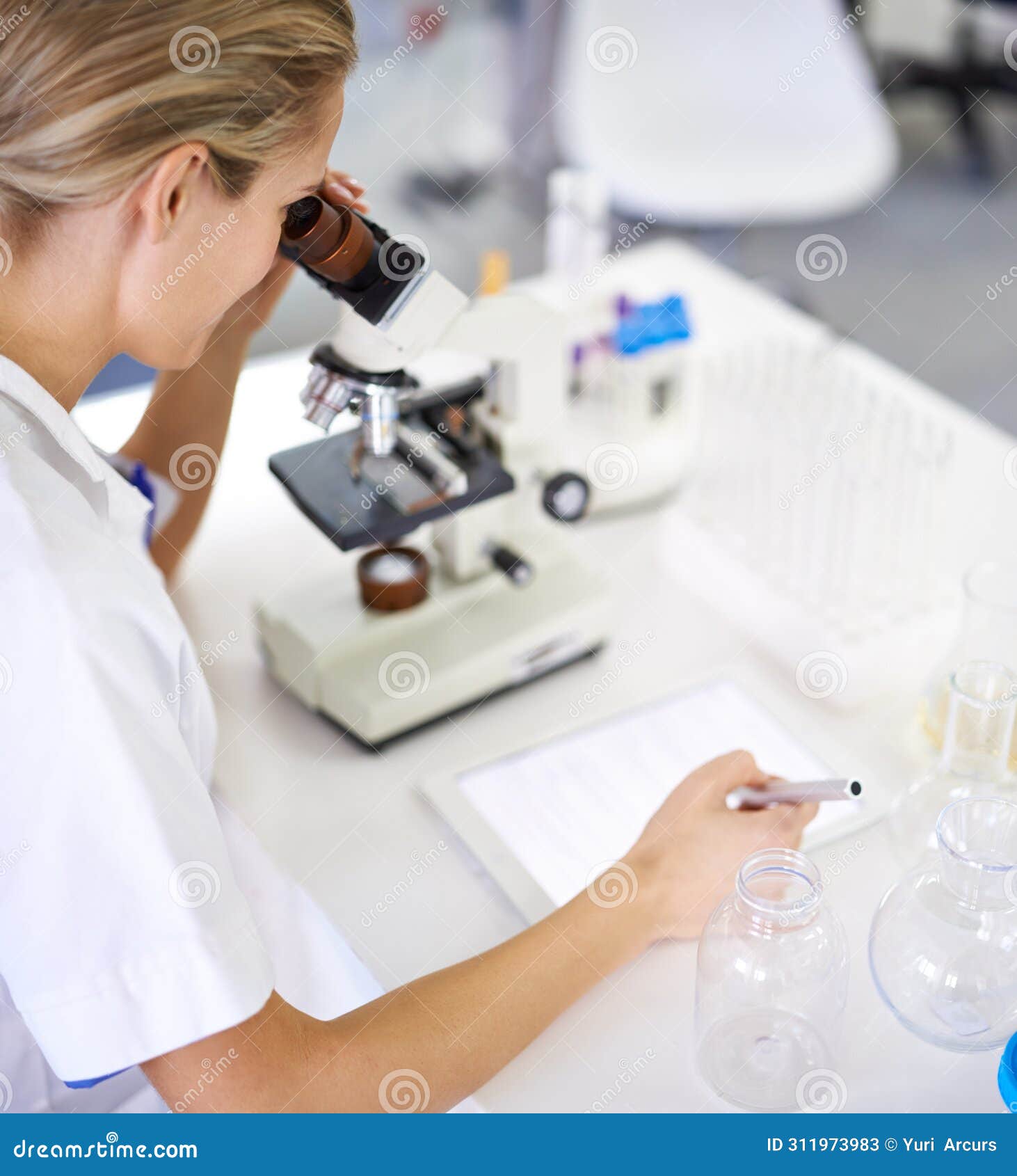 Medical, Woman and Research with Tablet and Microscope in Lab with ...