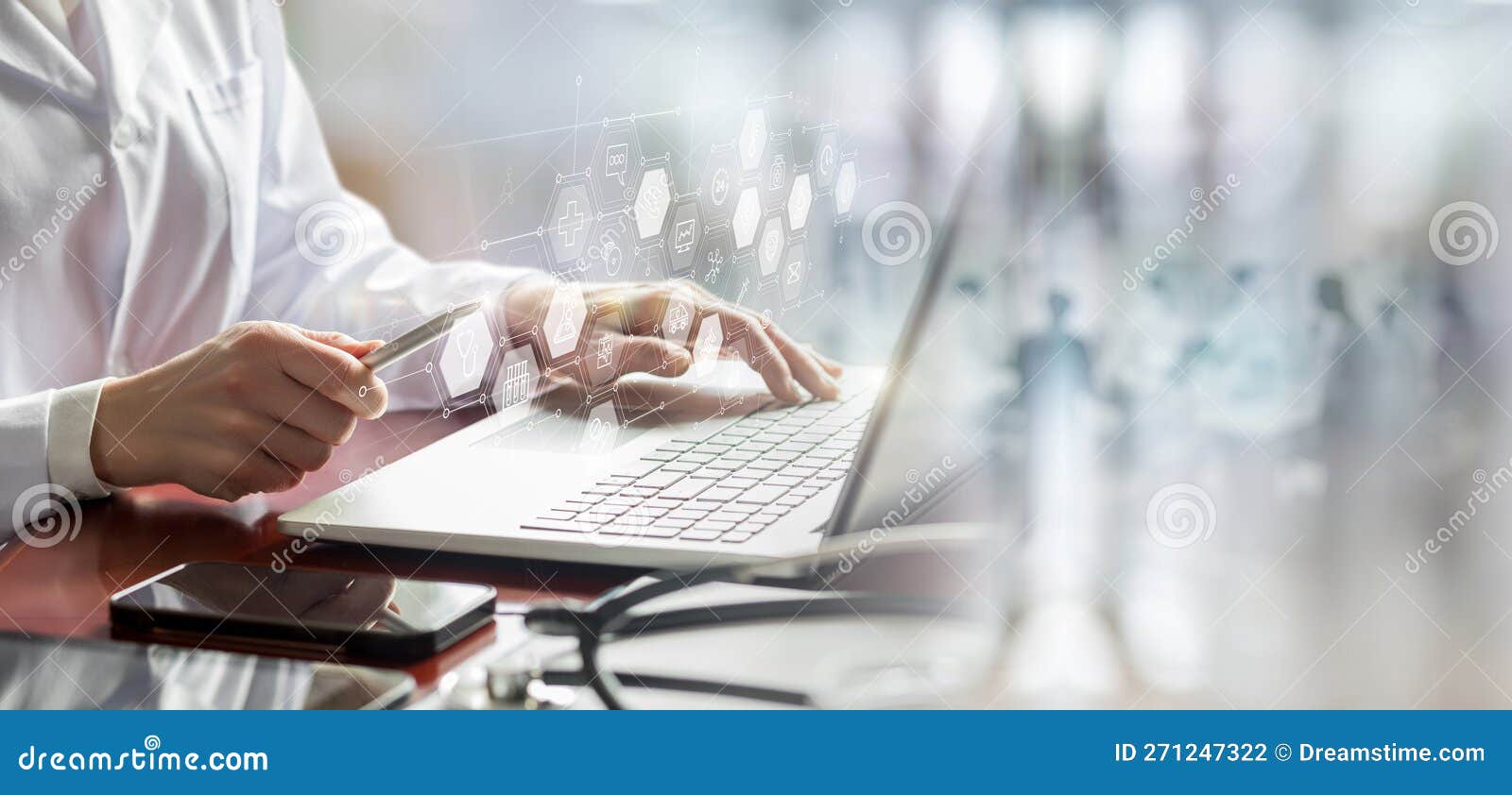 A Medical Worker Works on a Laptop on a Interface Stock Photo - Image ...