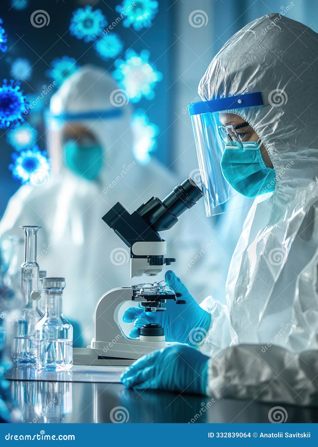 Medical Workers in Protective Suits Analyze Viruses at a Microscope in ...