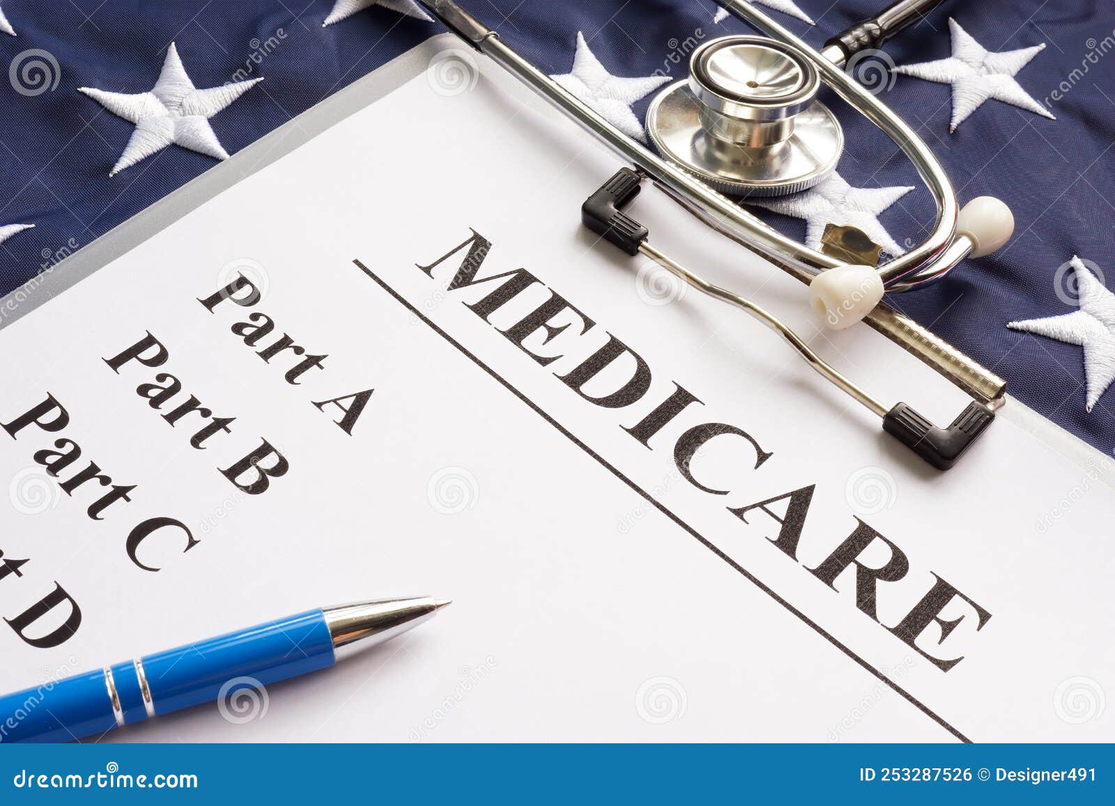 Medicare Papers with Different Parts and Flag. Stock Photo - Image of ...