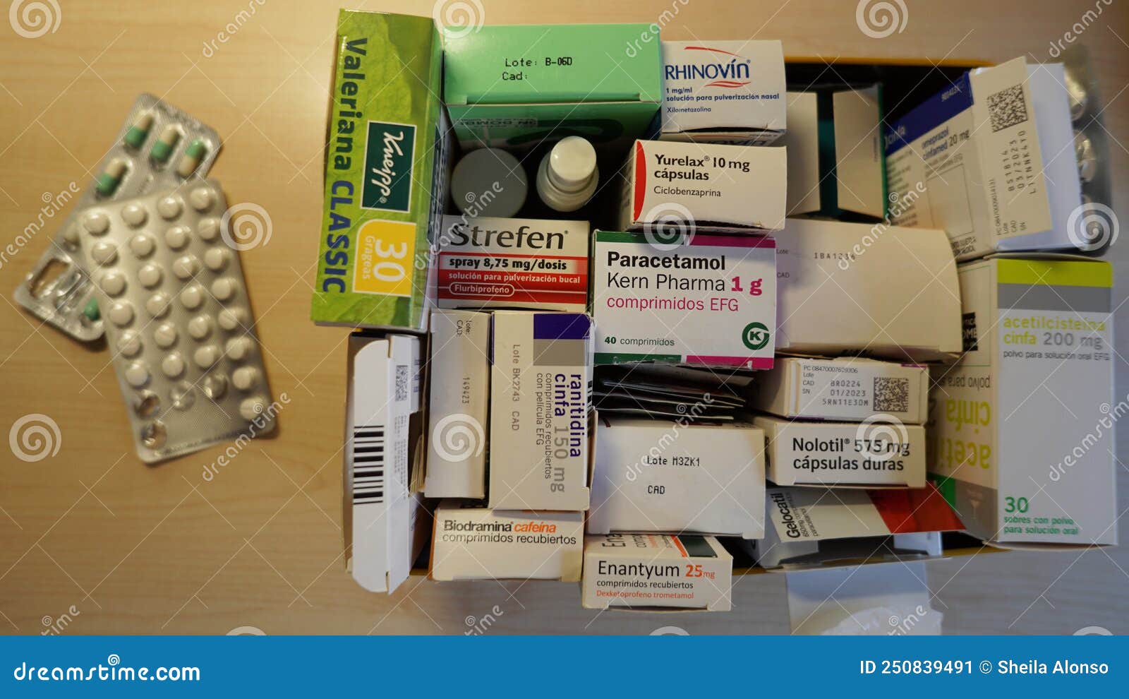 Medication Box and a Pills. Box of Pills of Different Types Editorial ...