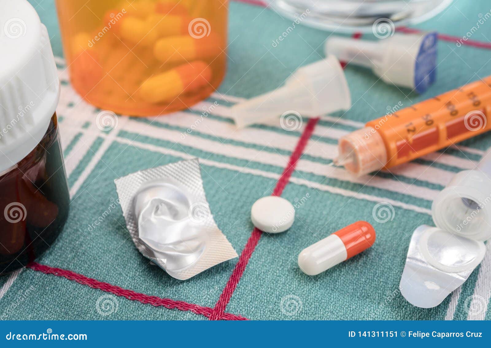 Medication during Breakfast, Injector of Insulin Together with a Bottle ...