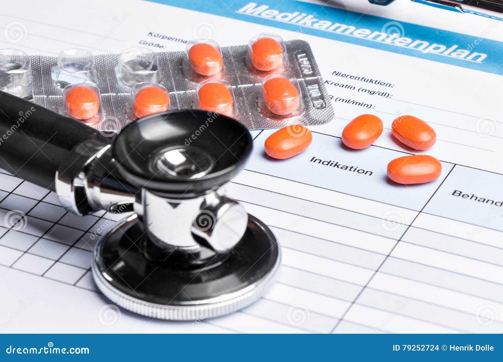 Medication Plan (in German), with Tablets and Stethoscope Stock Photo ...