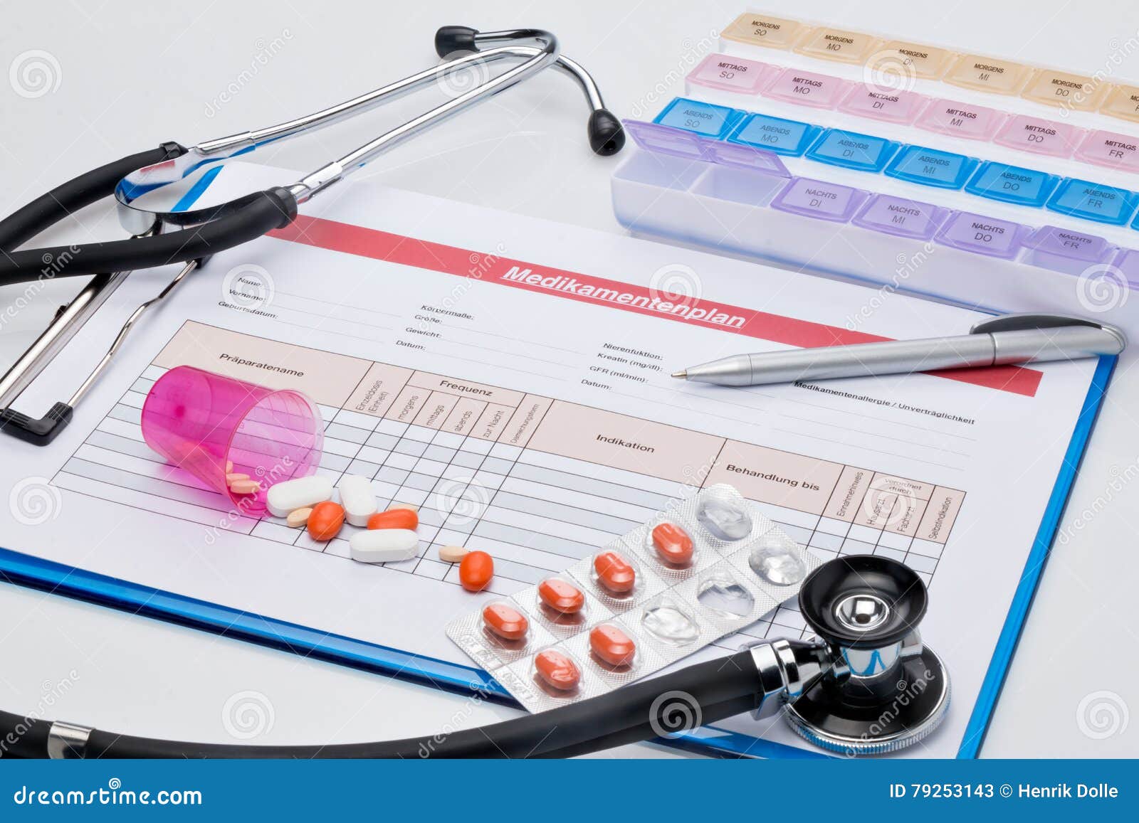 Medication Plan (in German), with Tablets and Stethoscope Stock Image ...