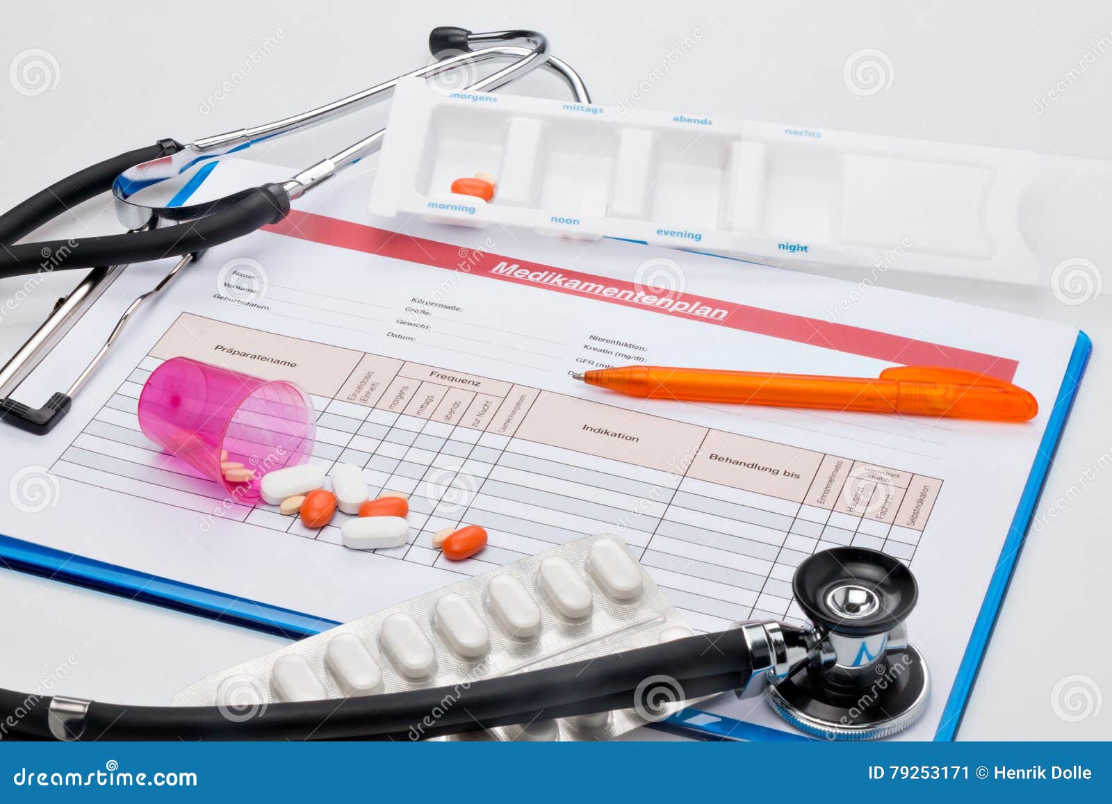 Medication Plan (in German), with Tablets and Stethoscope Stock Image ...