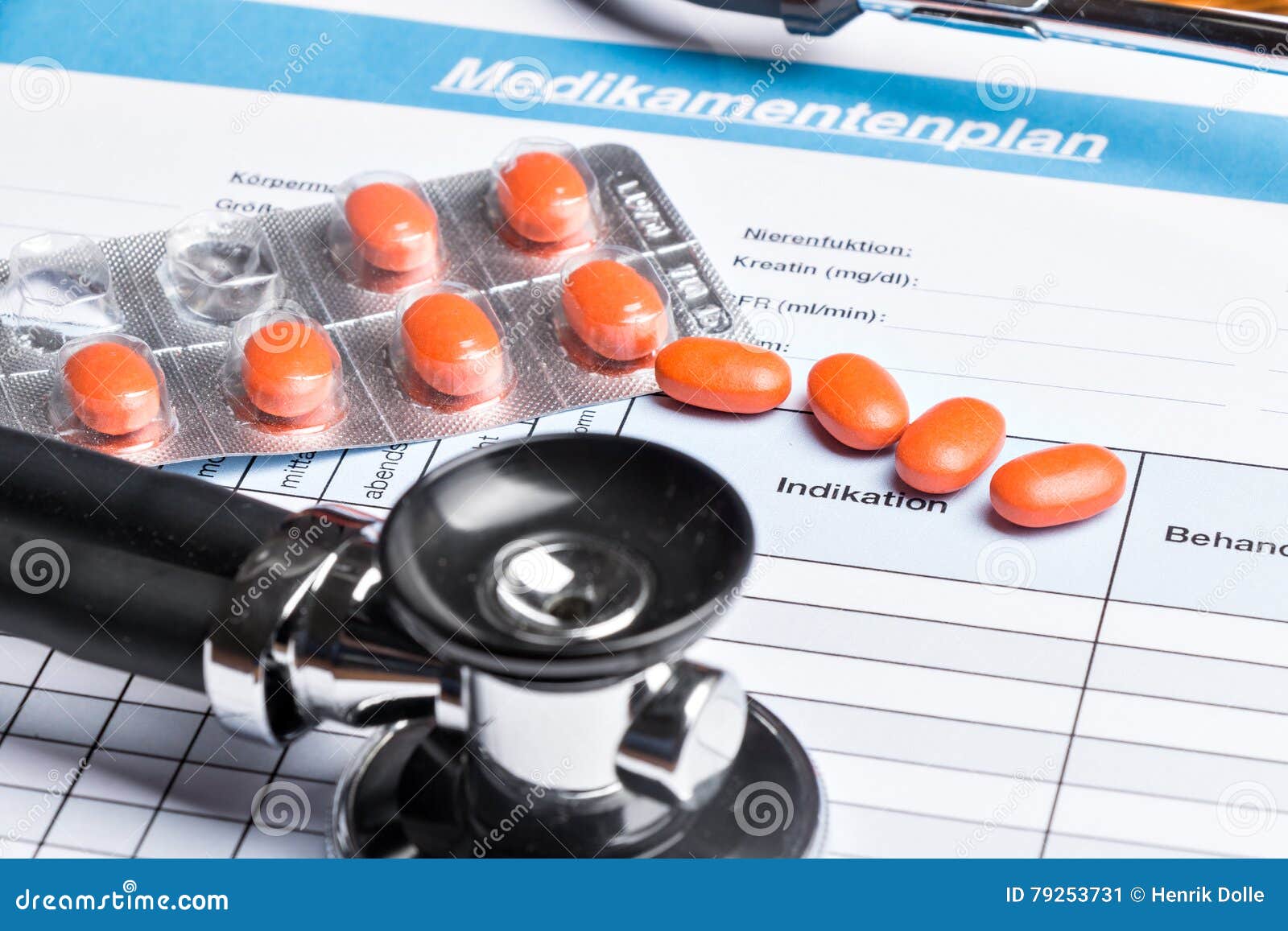 Medication Plan (in German), with Tablets and Stethoscope Stock Image ...