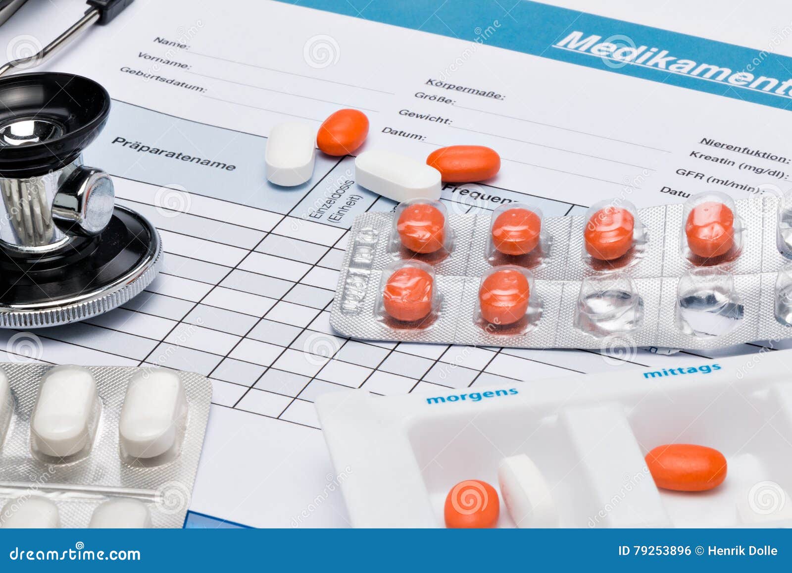 Medication Plan (in German), with Tablets and Stethoscope Stock Photo ...
