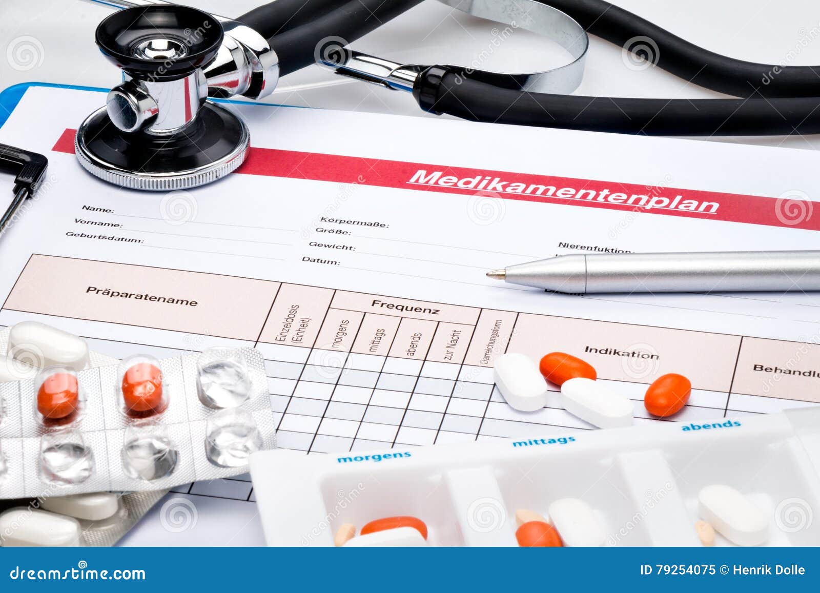 Medication Plan (in German), with Tablets and Stethoscope Stock Image ...