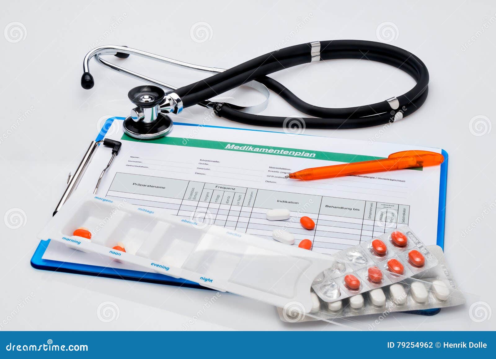 Medication Plan (in German), with Tablets and Stethoscope Stock Photo ...