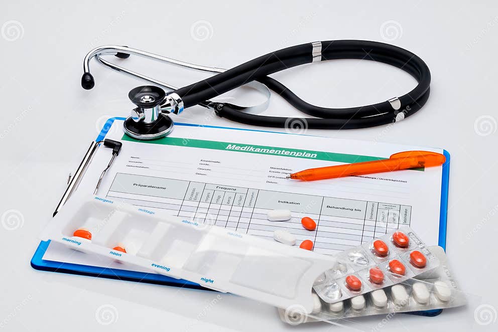 Medication Plan (in German), with Tablets and Stethoscope Stock Photo ...