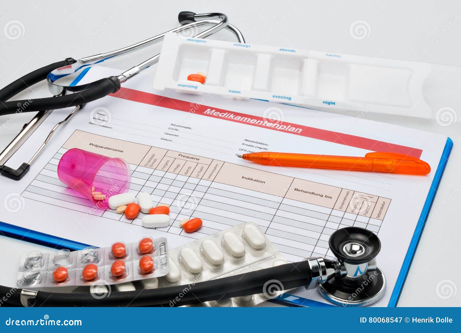 Medication Plan (in German), with Tablets and Stethoscope Stock Image ...