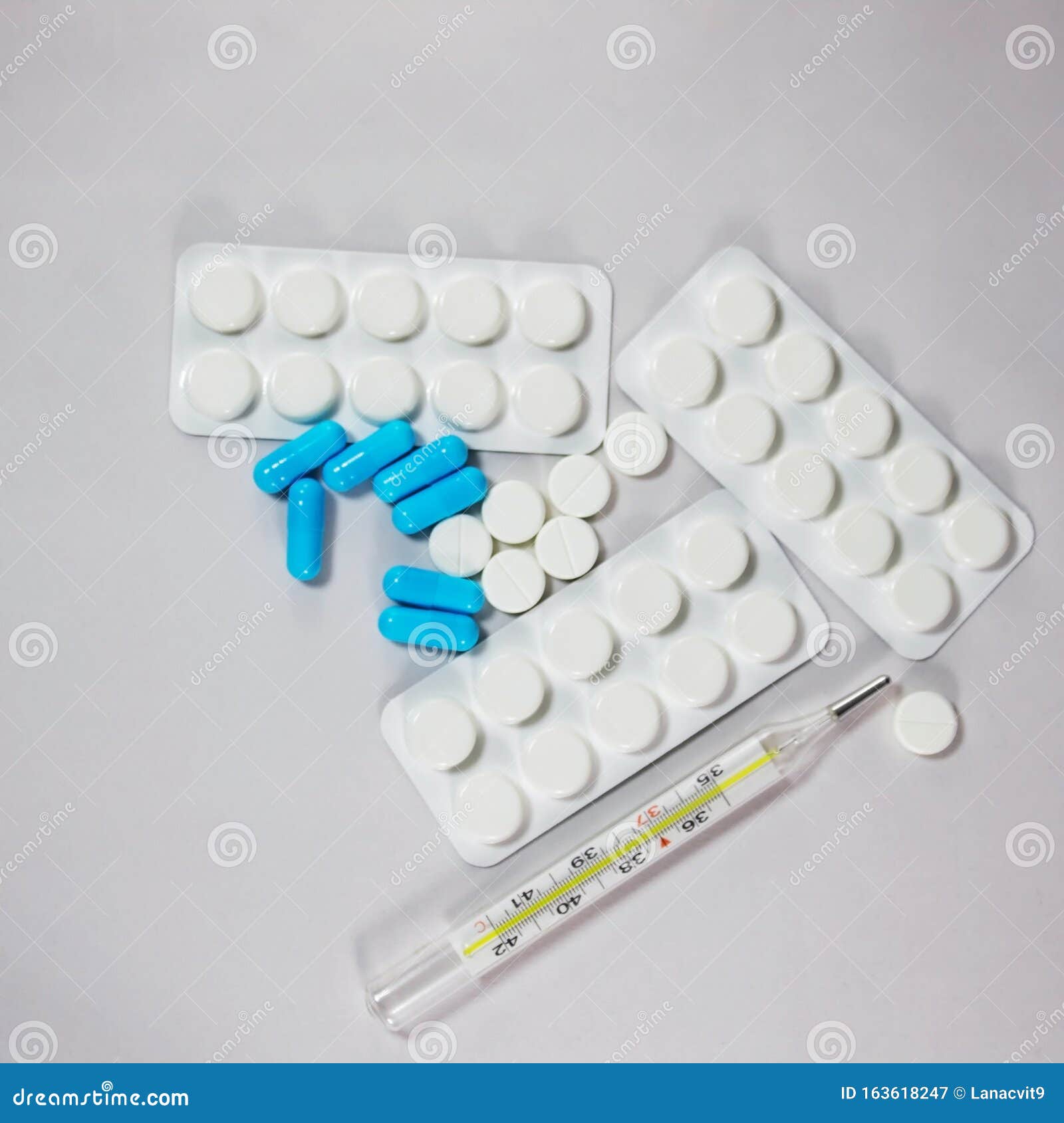Medication and Thermometer for Measuring Body Temperature Stock Image ...