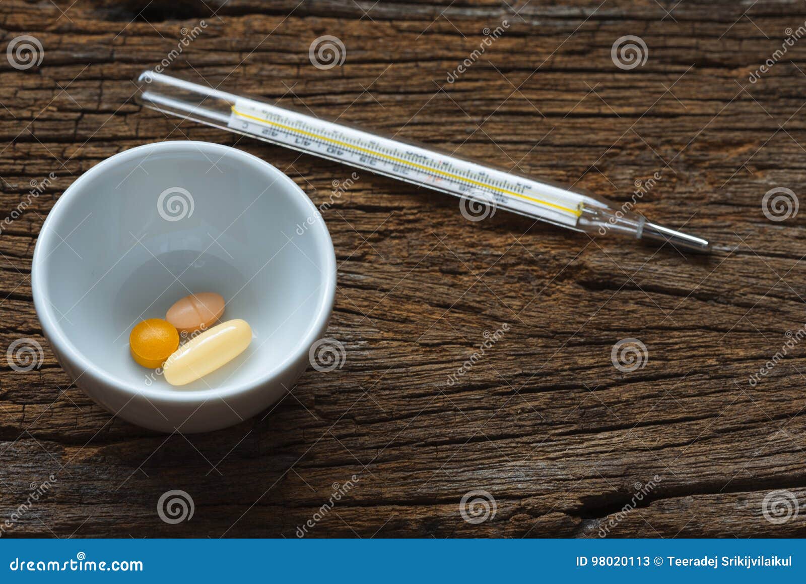 Medications in a Cup and a Thermometer Stock Image - Image of macro ...