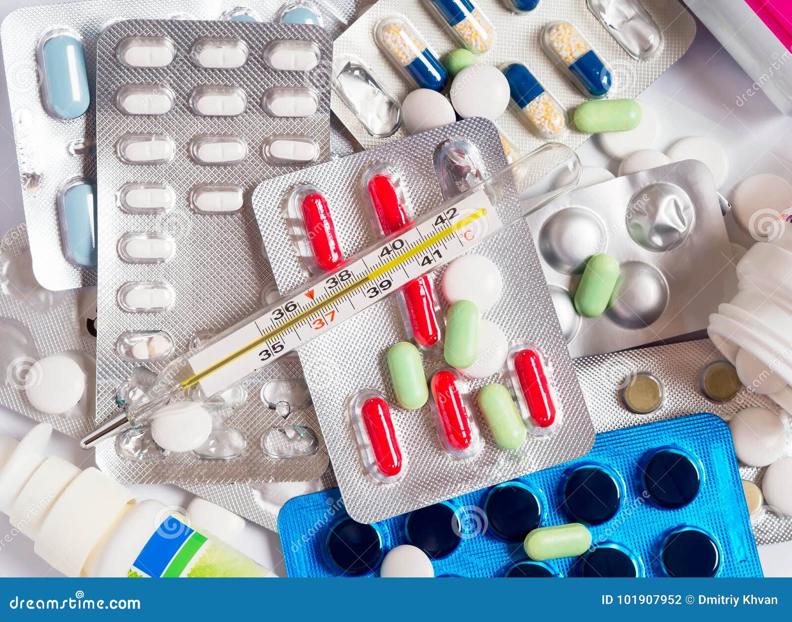 Medications on the Table. on Top is a Thermometer with a High Te Stock ...