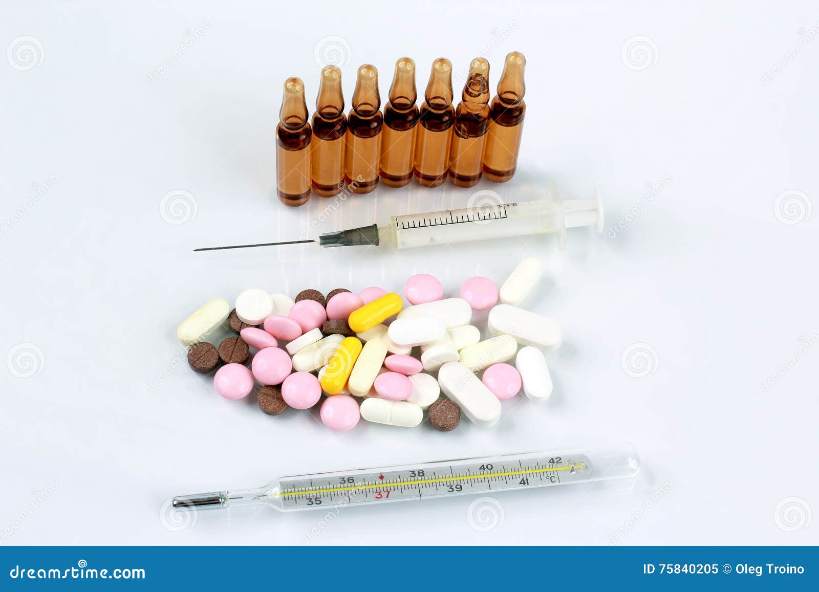 Medicinal Tablets, Ampoules for Injections, Thermometer, Syringe Stock ...